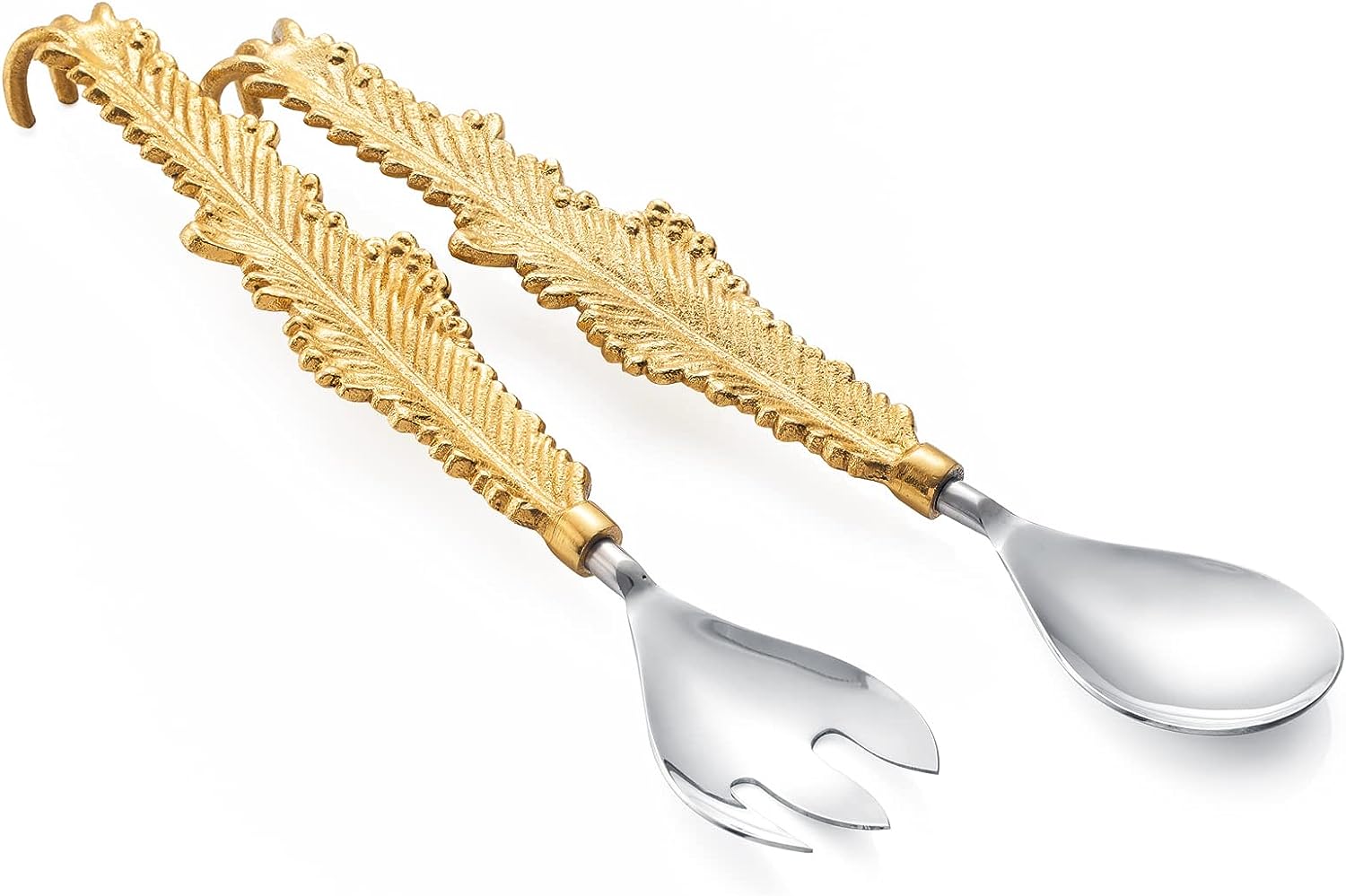 Gold Leaf Salad Servers Brass & Stainless Steel, Fork & Spoon Set Leaf ...