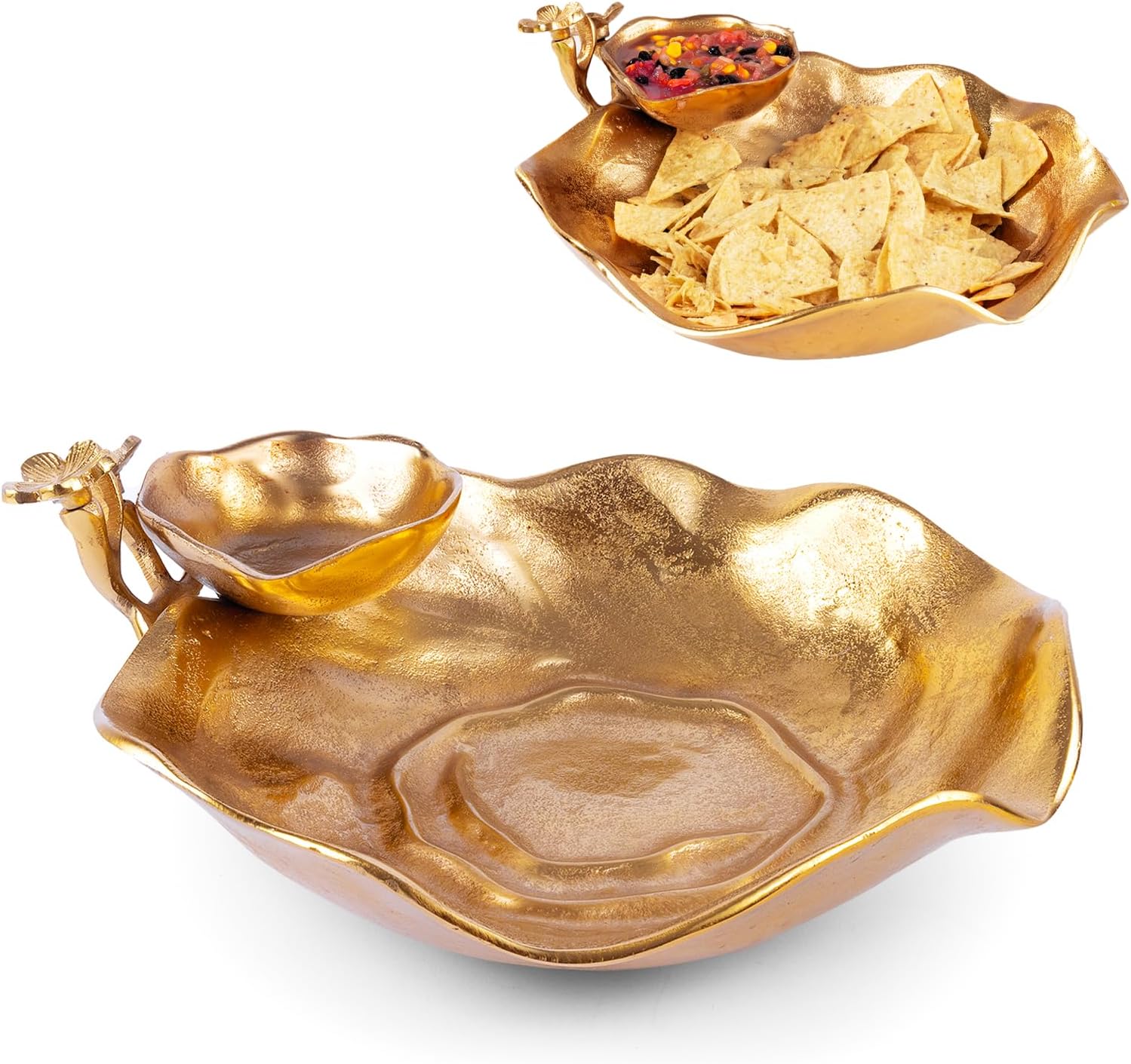 GUTE Chip and Dip Floral Serving Bowl Gold Brass Tiered Snack, Flower ...