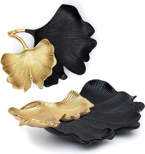 Large Decorative Black & Gold Ginkgo Leaf Tray for Serving Fruits, App ...