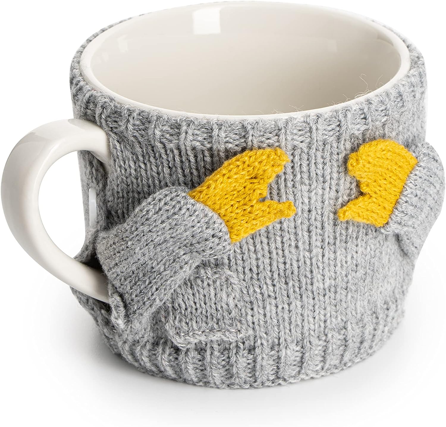 Sweater Mug Winter Cozy Gift Idea Gray Sweater & Yellow Gloves Tree Gi ...