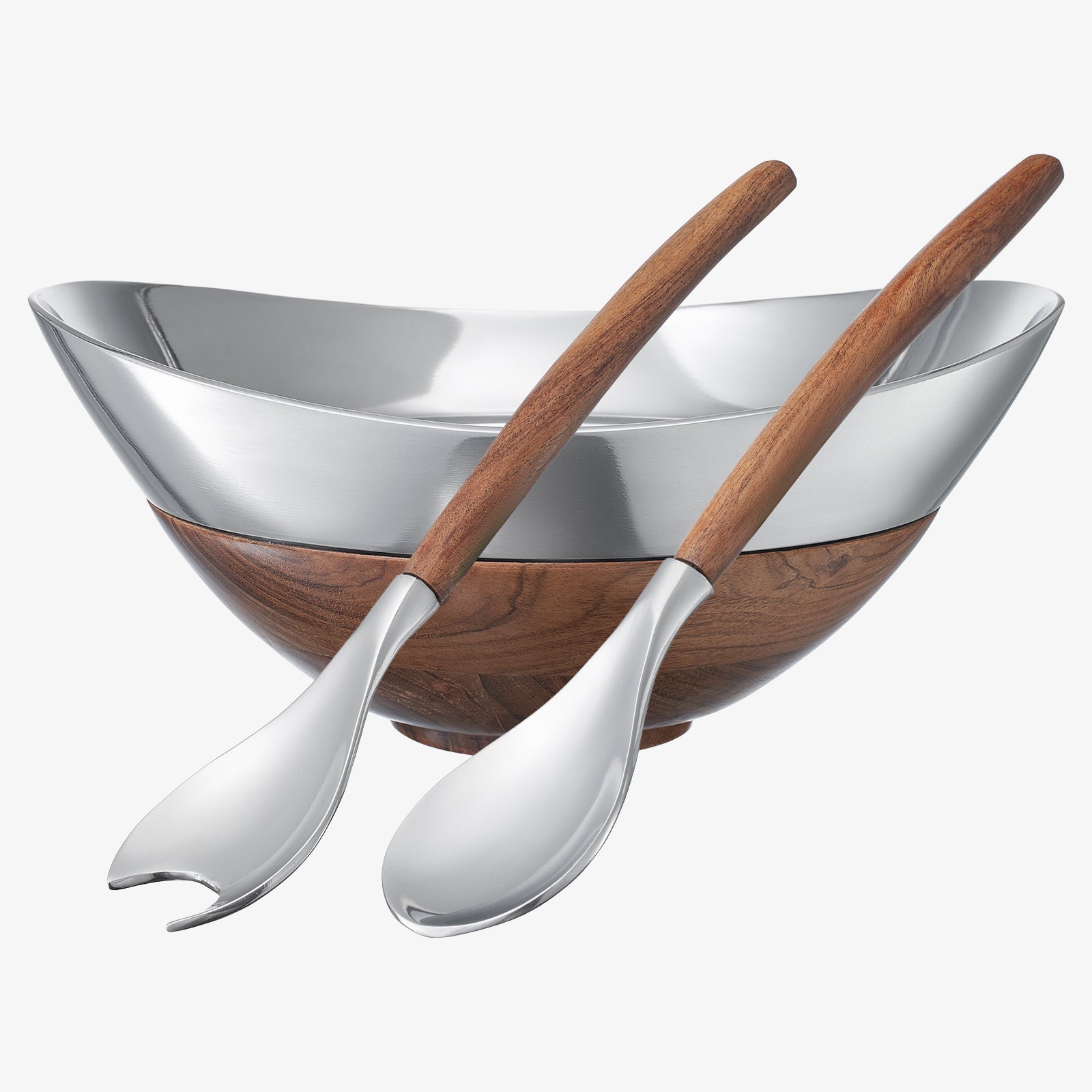 Decorative Acacia Wood & Silver Serving Bowl With Two Servers, Fork ...
